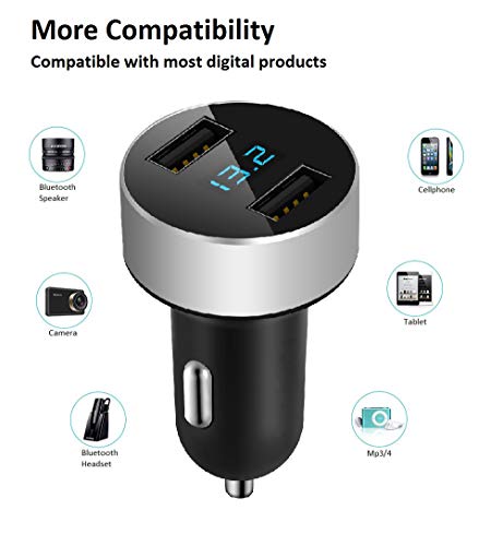 LIHAN Dual USB Car Charger,4.8A Output,Cigarette Lighter Voltage Meter Compatible with Apple iPhone,iPad,Samsung Galaxy,LG,Google Nexus,USB Charging Devices,Silver