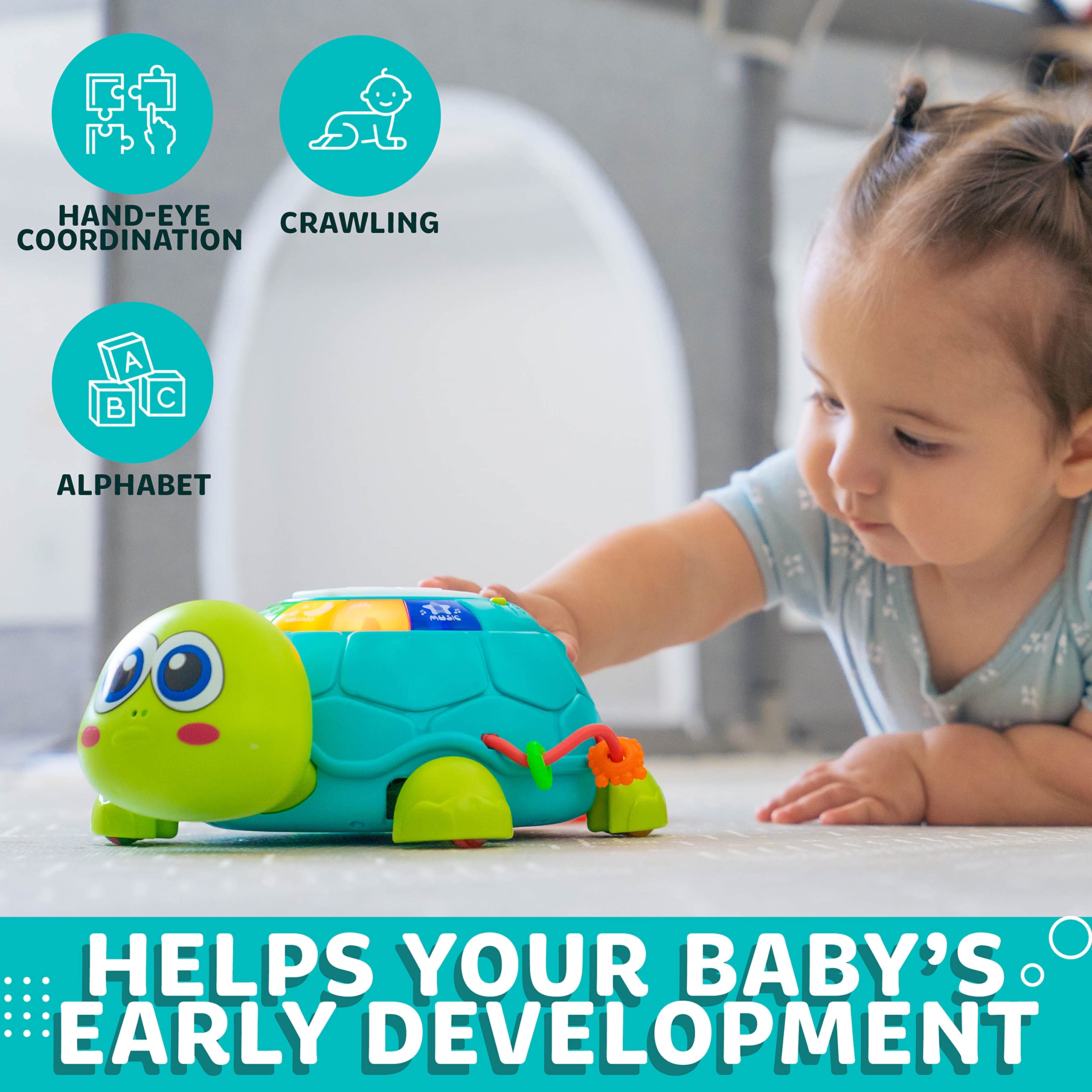 Baby Musical Turtle Toy - Crawling Toy for 6+ Month Babies - Great for Tummy Time - Develop Motor Coordination, Fine Finger Skills, and Cognitive Abilities - Lights Up and Plays Music
