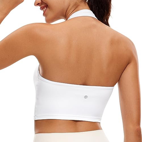 CRZ YOGA Womens Butterluxe Halter Longline Sports Bra - Padded Workout Yoga Crop Tank Tops with Built in Shelf Bra White Small