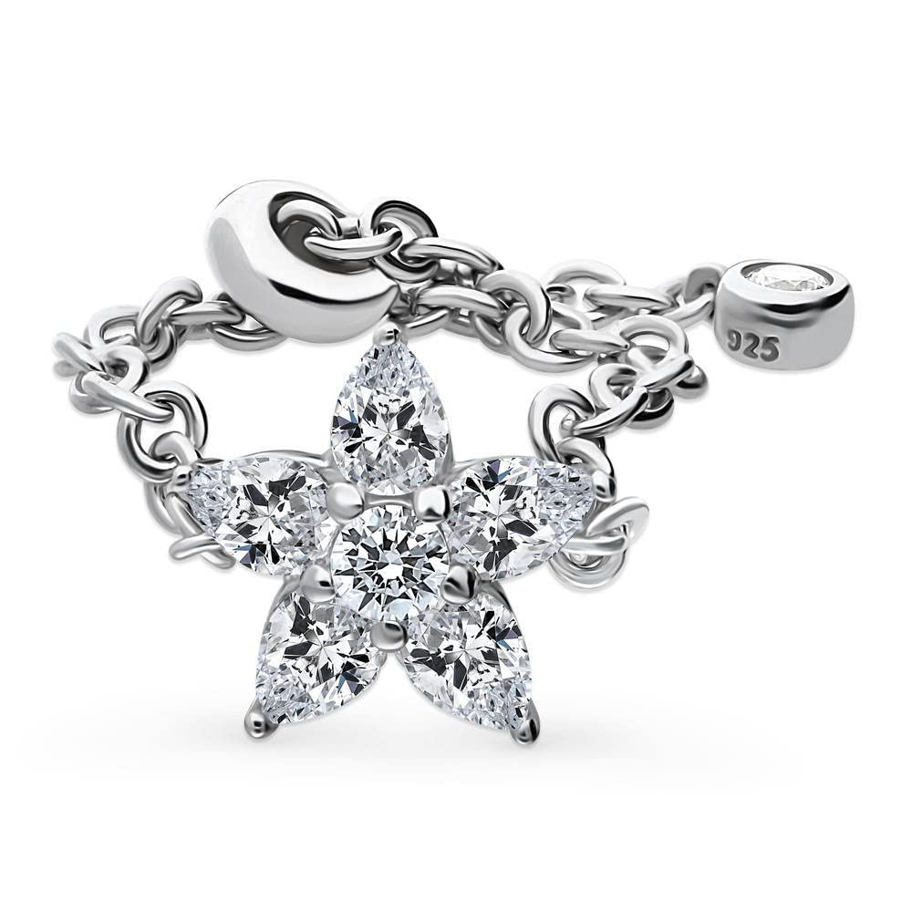 BERRICLE Sterling Silver Flower Cubic Zirconia CZ Fashion Chain Ring for Women, Rhodium Plated