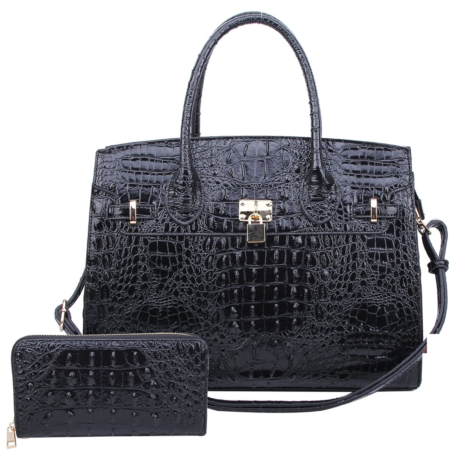 Black Crocodile & Alligator Satchel and Wallet Set-Black