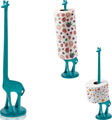 Paper Towel Holder or Free Standing Toilet Paper Holder- Cast Iron Giraffe Paper Holder - Bathroom Toilet Paper Holder or Stand Up Paper Towel Holder - Rustic Blue w/Vintage Finish by Comfify