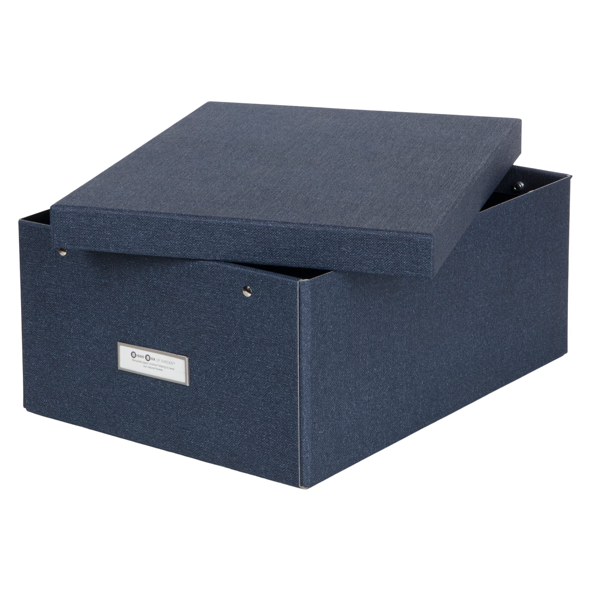 Bigso Katia KD Collapsible Storage Box | Photo Storage Box with Labelframe for Easy Identification | Simple Assembly without Tools | Decorative Storage Boxes with Lids | 11.3"x15.4"x6.4" | Blue