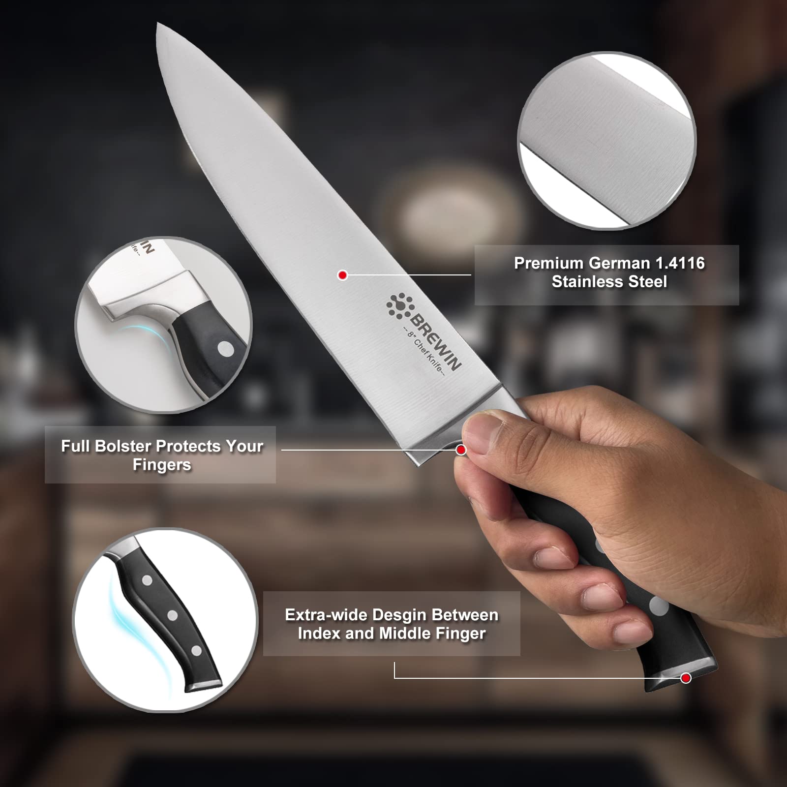 Brewin Chef Knife with Sharpener, Razor Sharp 8 Inch Chef Knife with Red Pakkawood Handle German High Carbon Stainless Steel Full Tang Professional Cooking Knives with Gift Box