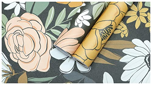 HAOKHOME 93217 Vintage Large Floral Peel and Stick Wallpaper Removable Daisy Leaf Black/Sand/Oliva Vinyl Self Adhesive Mural 17.7in x 6.6ft