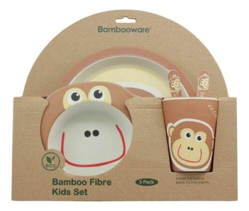 Ebros Whimsical 5 Piece Dinnerware Set for Kids Children Toddler Baby Made of No BPA Eco Friendly Organic Bamboo Fiber Fork Spoon Plate Bowl and Cup Essentials (Jungle George Monkey)