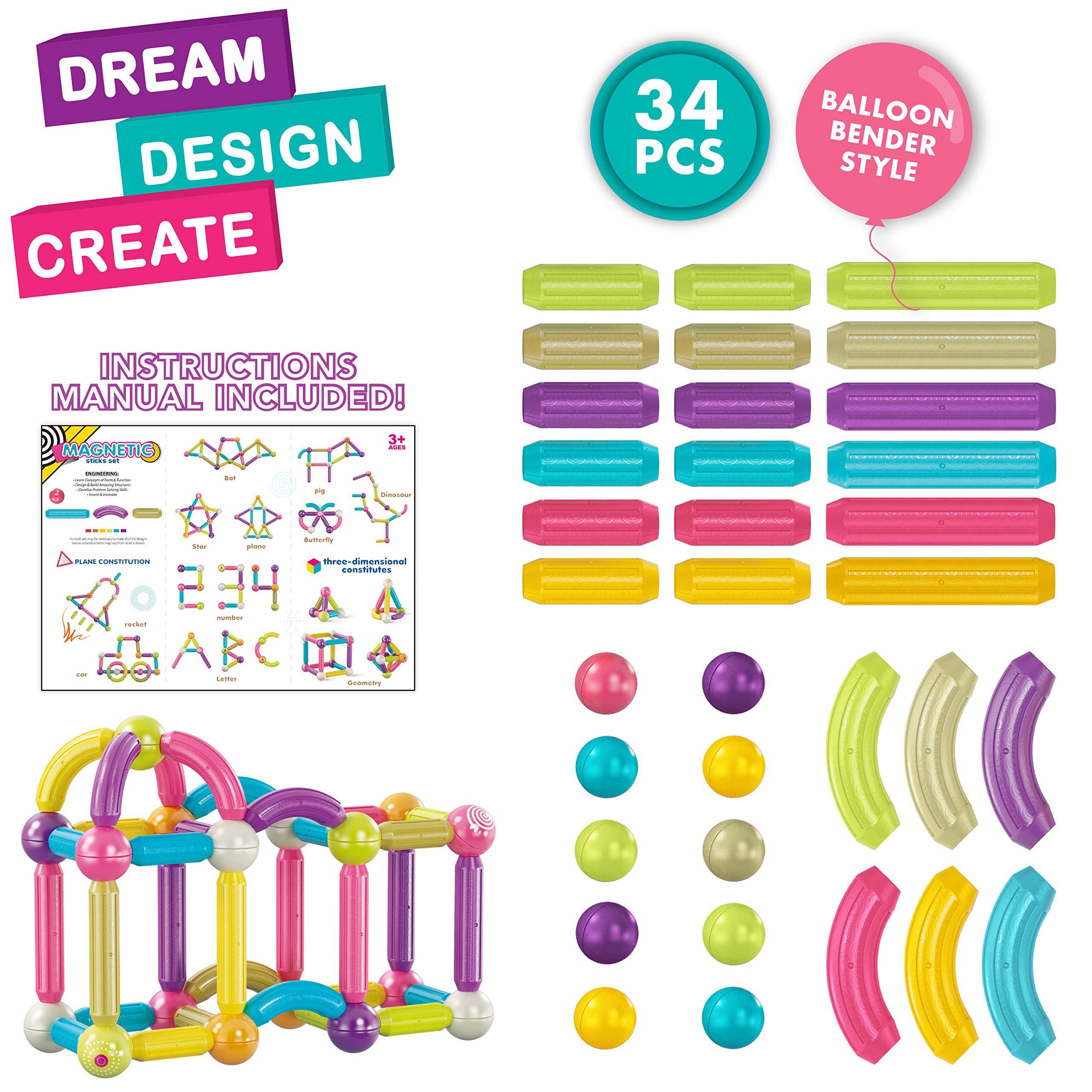Magnetic Balls and Rods Set | 34 PCS Educational Magnet Building Blocks – Vibrant Colors, Different Sizes & Curved Shapes + Instructions Manual – Developmental STEAM Toys for Boys & Girls 3 4 5 6 7