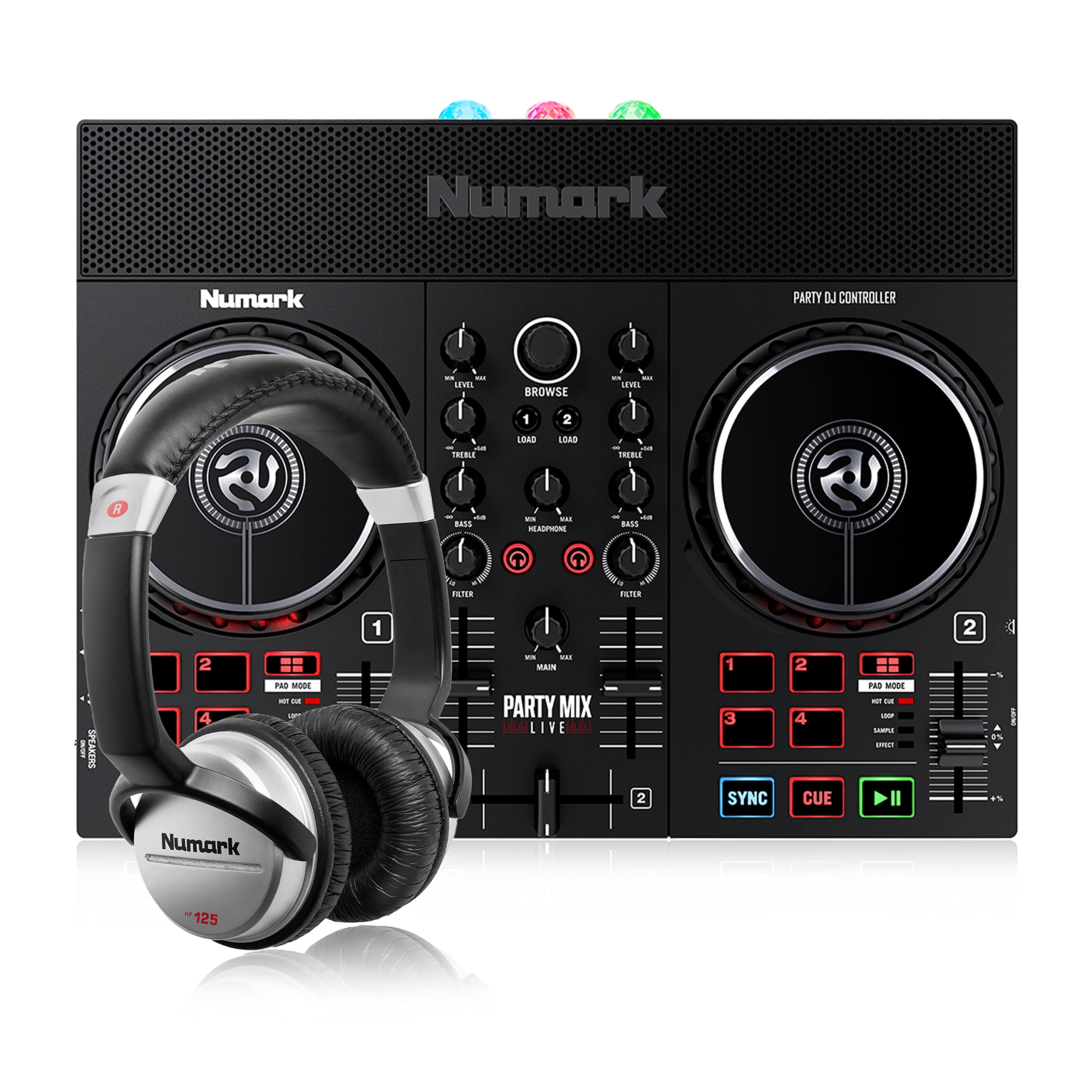 Numark Party Mix Live + HF125 - DJ Controller/Adults & Kids DJ Set with DJ Lights, DJ Speakers, DJ Mixer and Portable DJ Headphones