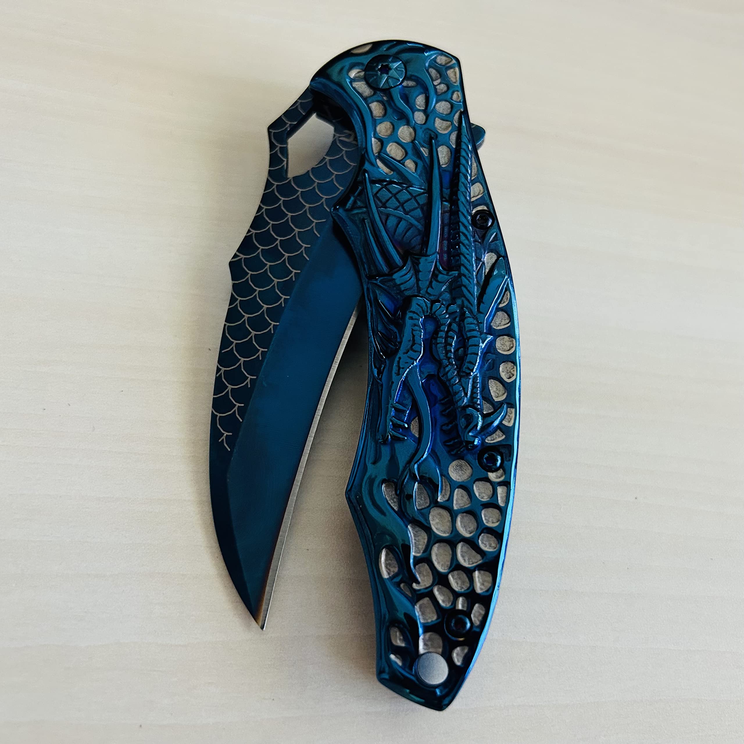 BladeDealUSA Dragon Design Assisted Open Folding Pocket Knife, Dragon Skin Blade, Blue Color, Hunting, Camping Accessories