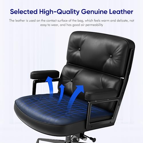 Office Chair- Aluminum Arms Thickened Backrest Lumbar Support, Executive Desk Chair, Genuine Grain Leather Thick Padded Strong Aluminum Base Quiet Wheels, Ergonomic Mid Back Leather Computer Chair