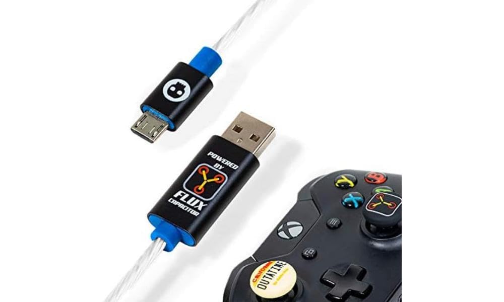 Numskull Official Back to the Future LED Micro USB Cable and Thumb Stick Grips - 1.5M Fast Charging Lead, Xbox One, PS4 DualShock 4 Controller Mod (PS4)