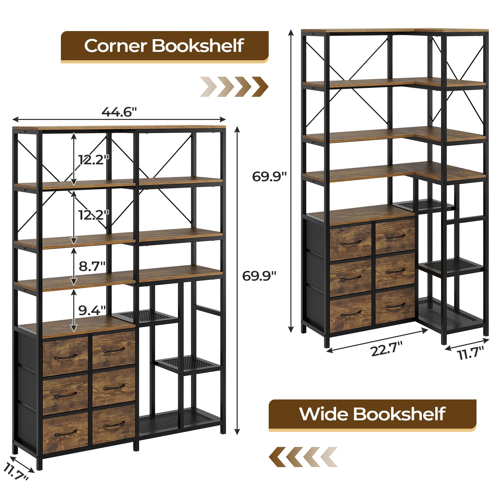 BTHFST Corner Bookshelf with 6 Fabric Drawers, Convertible Tall Bookcase 7 Tier, Industrial Book Shelf with Metal Frame, Wide Bookshelves for Living Room Home Office, Rustic Brown & Black