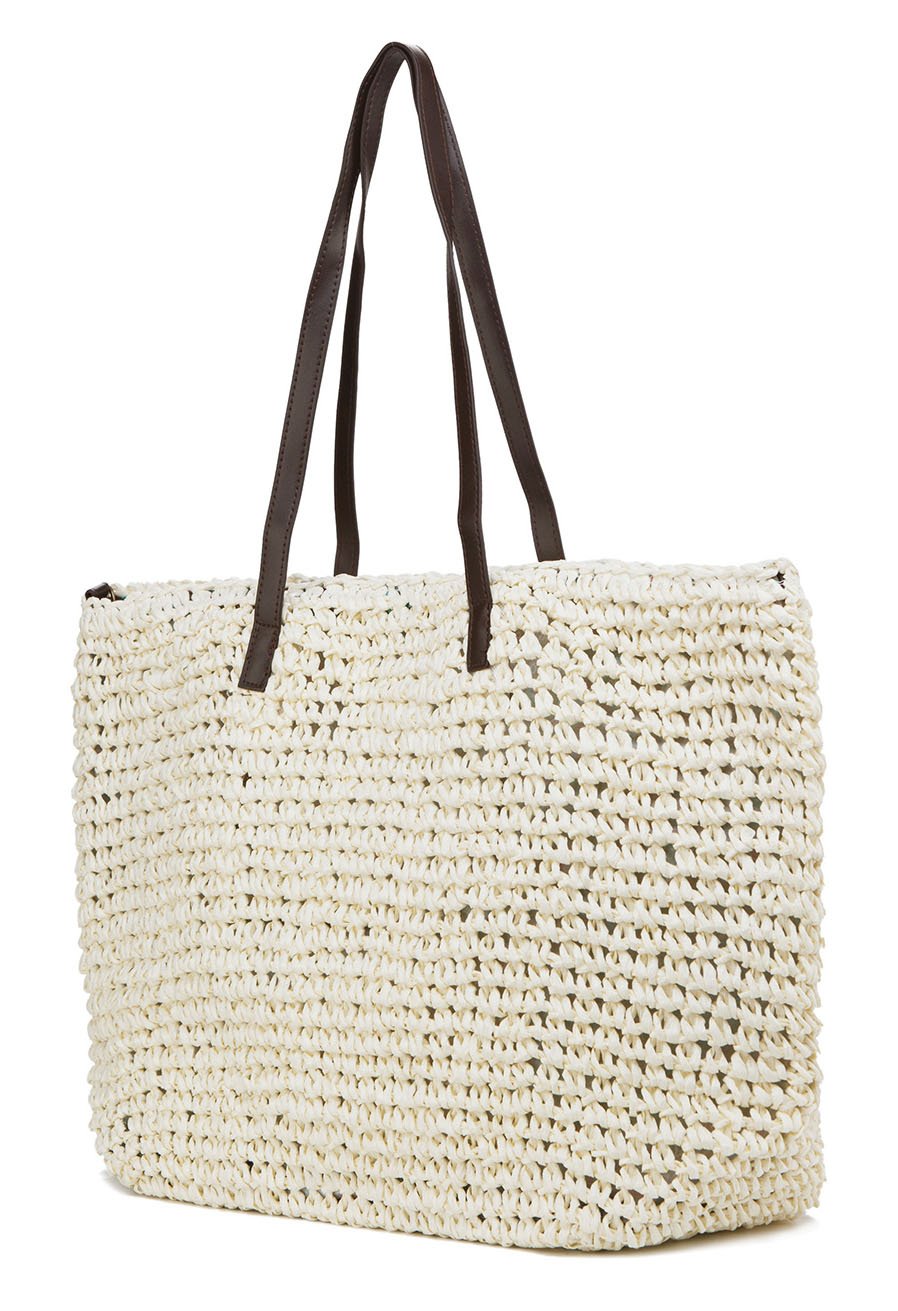 ilishop Women's Classic Woven Straw Tote Summer Beach Weaving Handbag Shoulder Bag (White)