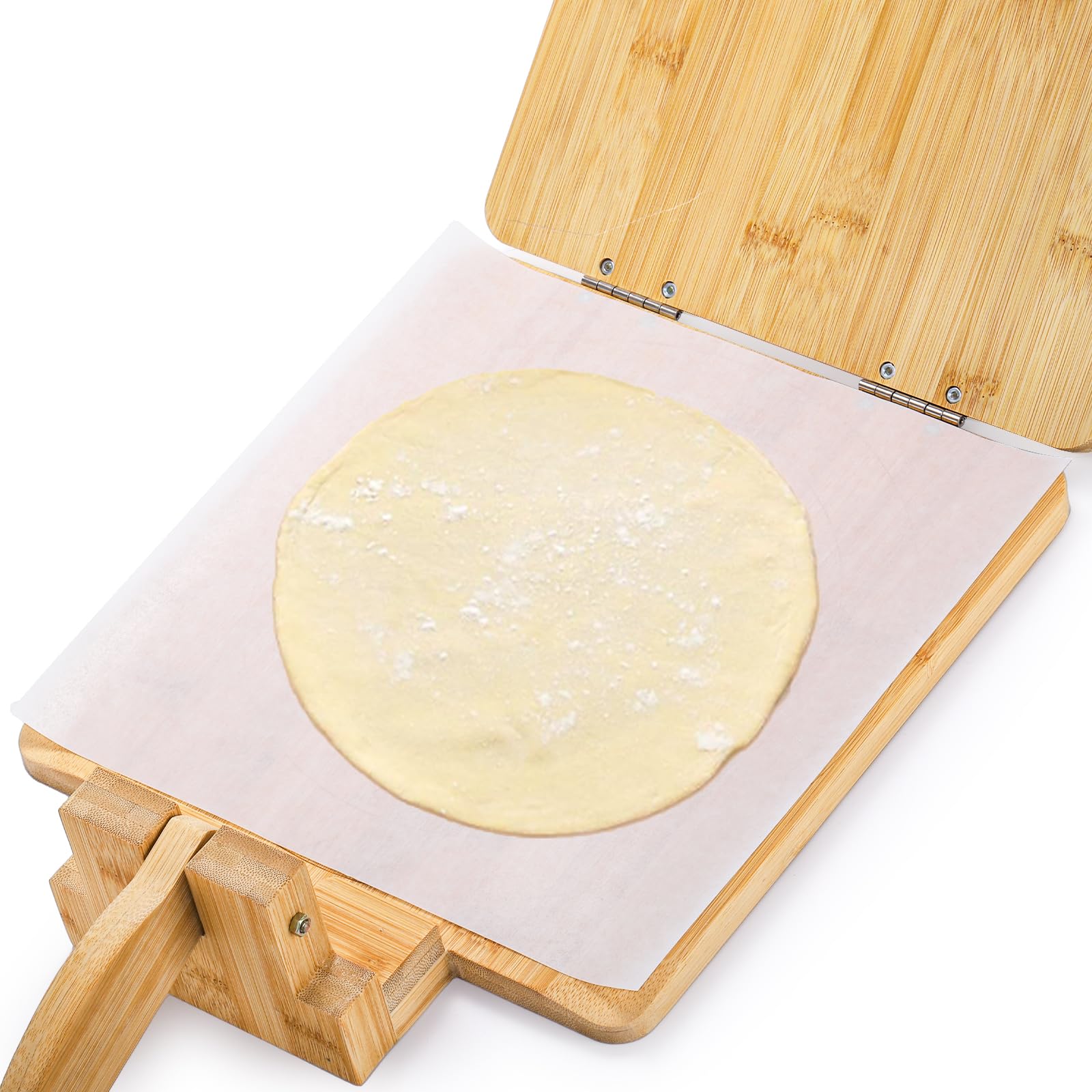 Coloch Bamboo Tortilla Press 10 Inch, Large Tortilla Maker with 60 PCS Parchment Paper and Dough Scraper, Square Mexican Tortilla Presser for Tortilla Making, Roti, Burritos, Taco