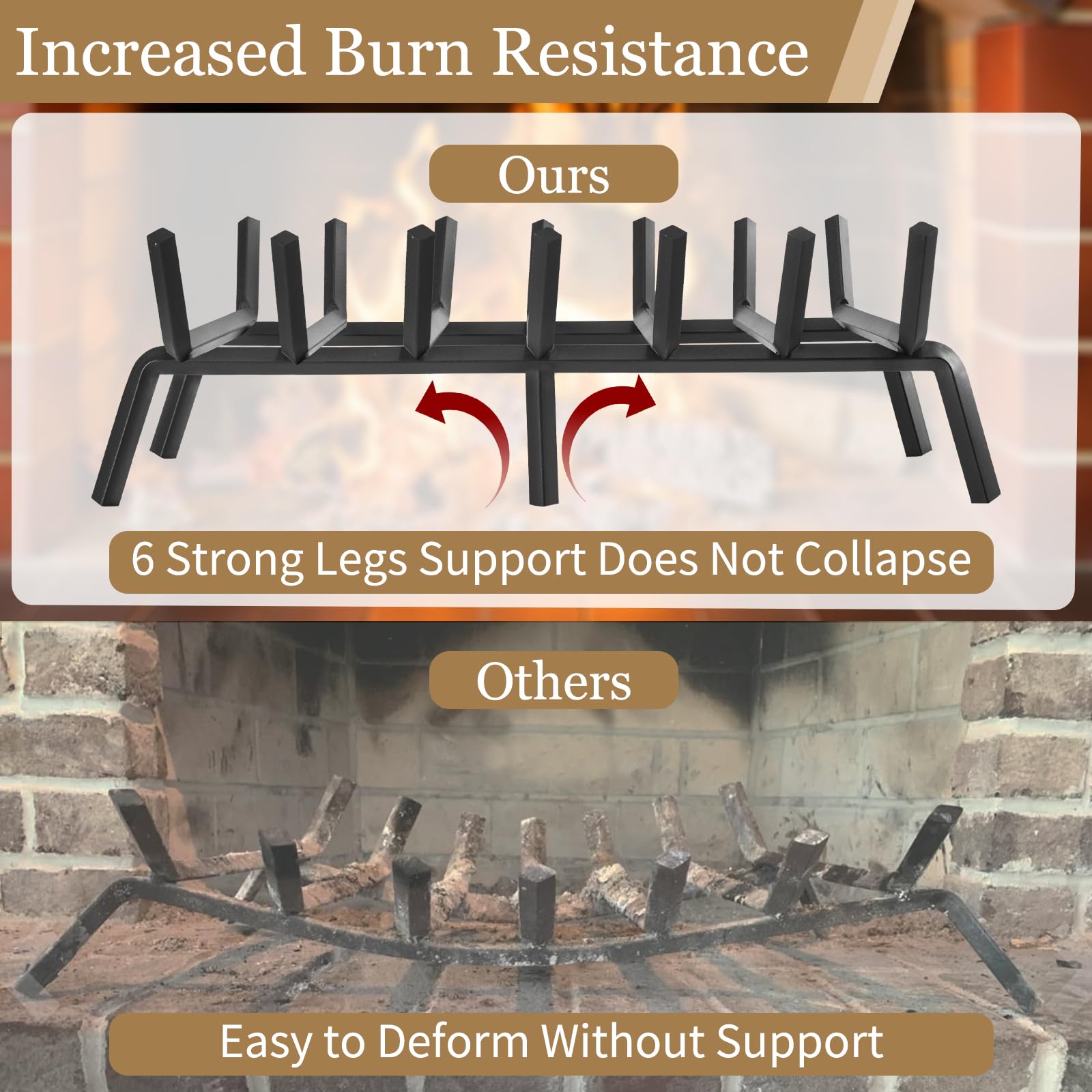 BRIAN & DANY Fireplace Grate, 24 Inch Heavy Duty Fireplace Log Grate, Solid Steel Fire Pit Grate Firewood Burning Rack Holder for Outdoor and Indoor