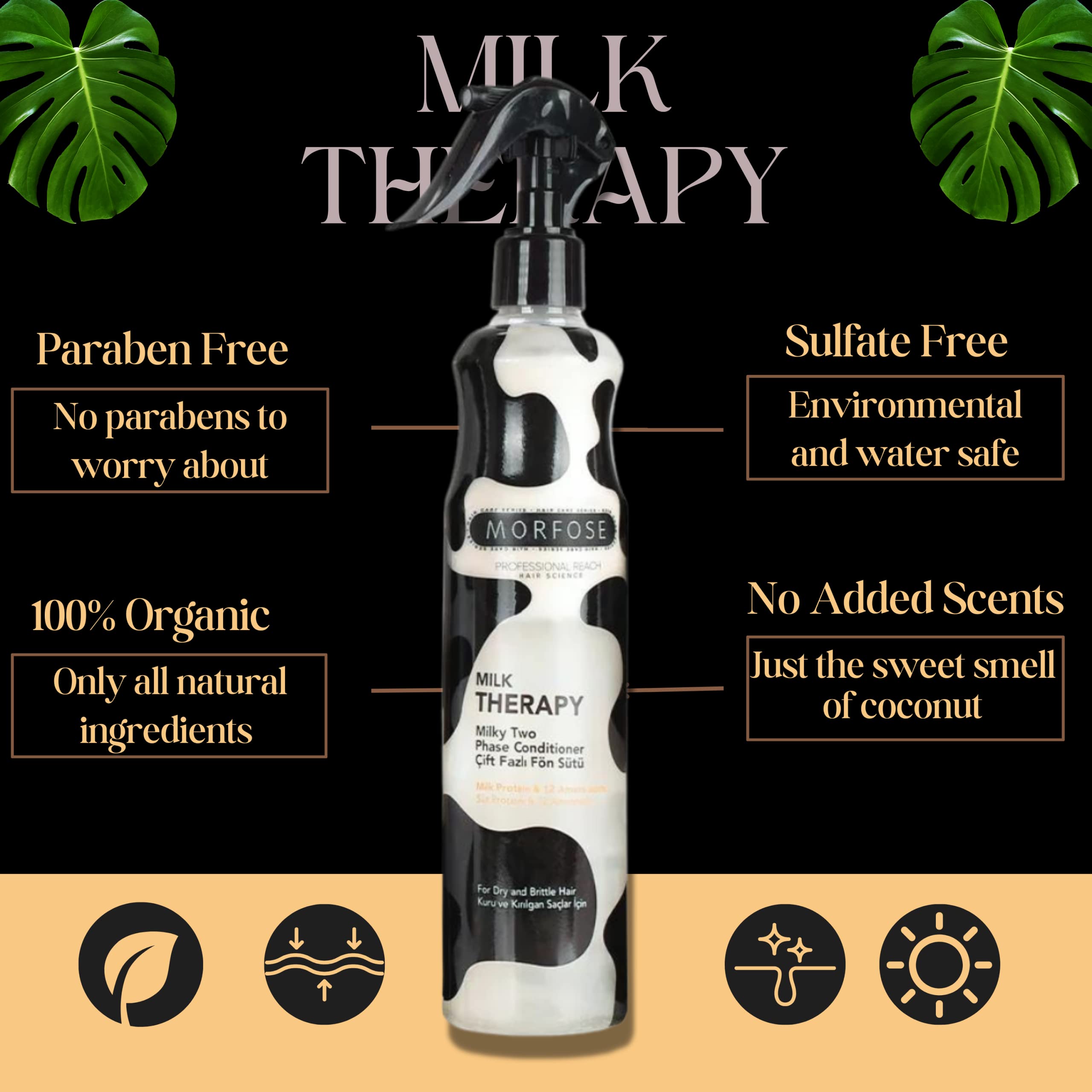 Morfose Professional Milk Therapy Two Phase Leave-in Conditioner for Dry, Damaged, or Brittle Strands, 12 Essential Amino Acids, Repairs and Protects, Damage, and Split Ends, 13.52 Fl Oz