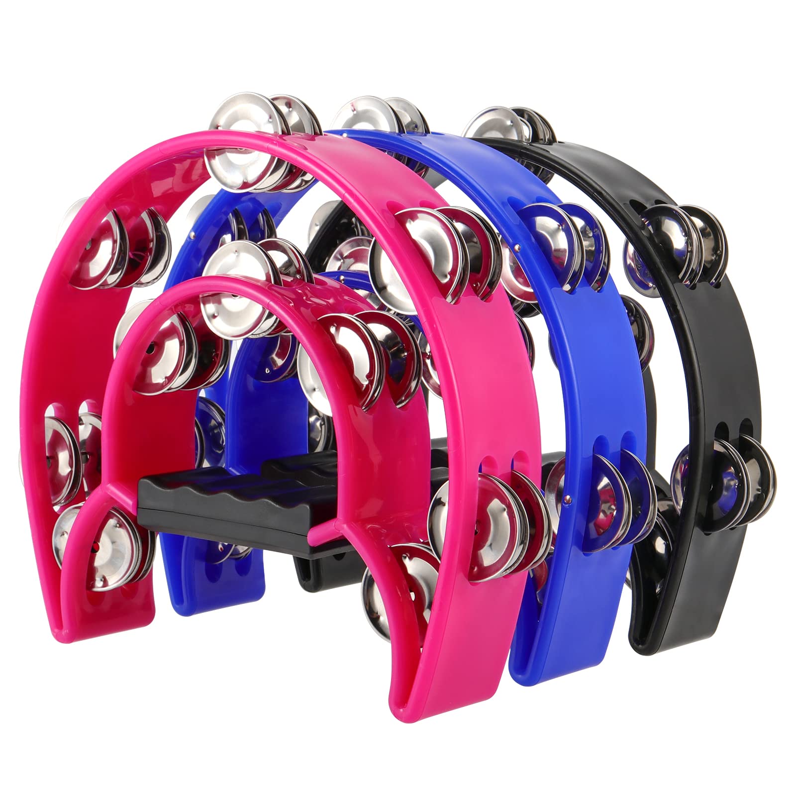 SINJEUN 4 Pack 10 Inch Double Row Tambourine, Metal Jingles Hand Held Percussion with Ergonomic Handle, 4 Colors Half Moon Musical Tambourine for Beginner, Church, KTV, Party