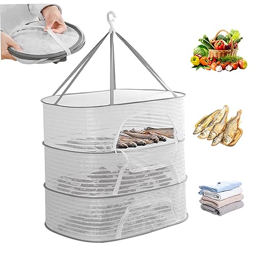CurcKua Herb Drying Rack Herb Dryer Net 3 Layers Collapsible Mesh Hanging Clothes Drying Racks with Zip Windproof Hook 94x60x40cm Breathable Drying Rack