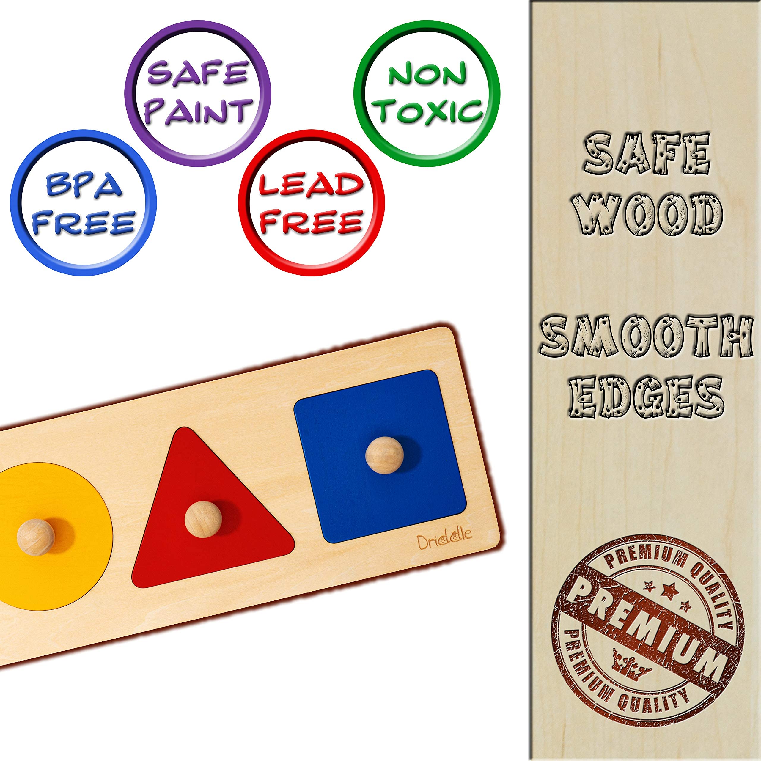 Magnetic Wooden Montessori Knob Puzzle - 3 Jumbo Shapes - Learn Colors & Shape – Baby & Toddler Development Toy