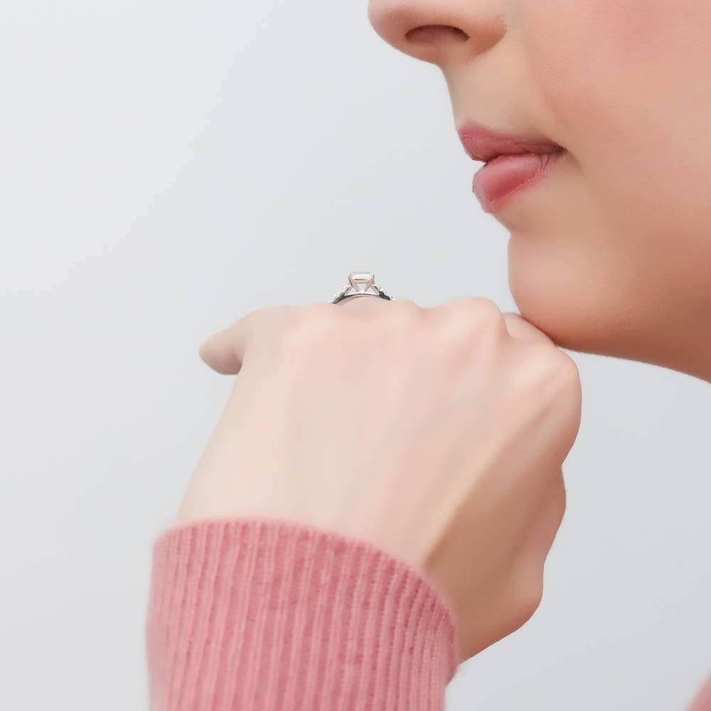BERRICLE Sterling Silver Solitaire Wedding Engagement Rings 0.3 Carat Emerald Cut Cubic Zirconia CZ East-West Promise Ring for Women, Rhodium Plated Size 4