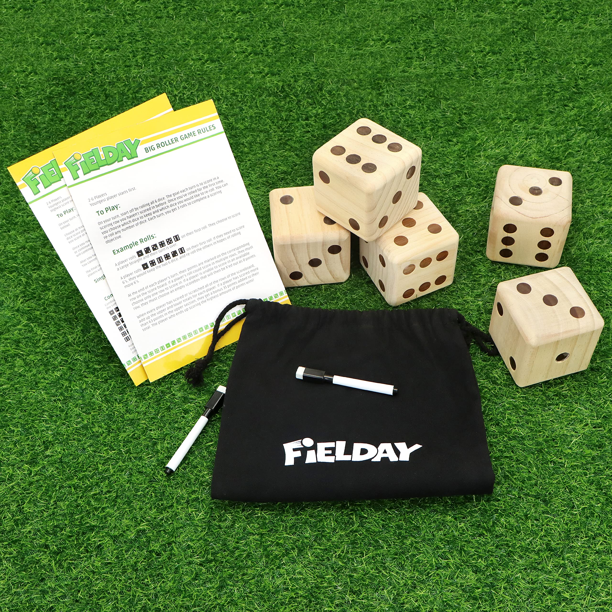 JOYIN 3.5 inch Giant Wood Yard Dice Large Dice Game Set with 6 Wooden Dice, 2 Double Sided Score Sheets, Dry Erase Marker, and a Durable Storage Bag, Good Yard Games for Kids and Adults