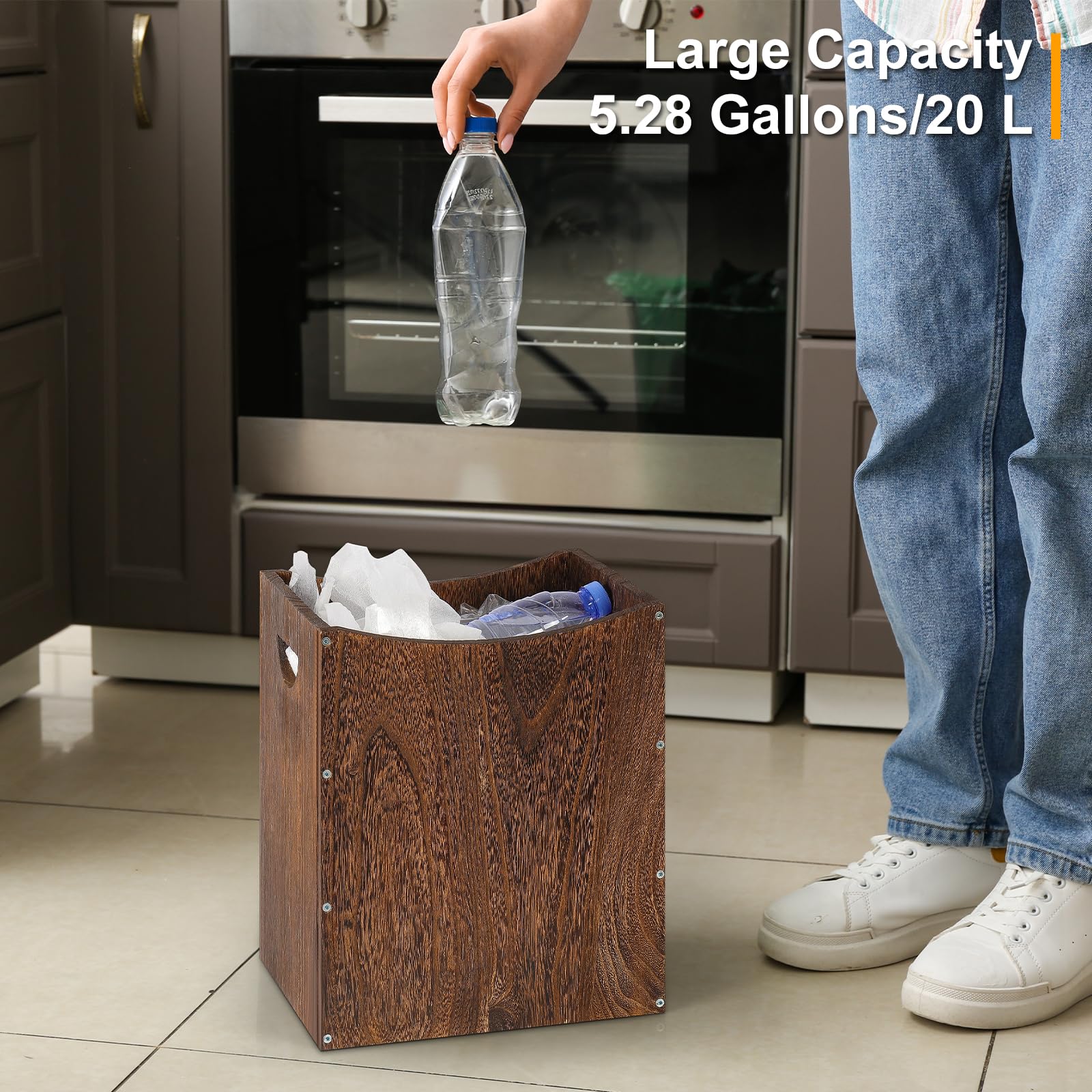 BTY Wood Trash Can 5 Gallon Farmhouse Wastebasket with Handles Rectangular Garbage Bin Small Waste Basket for Office, Kitchen, Living Room, Bathroom, Rustic Brown