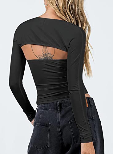 Dokotoo 2023 Women's Long Sleeve Shrug Crop Cardigan & Sexy Y2K Square Neck Strapless Cami Tank Top - Black, M