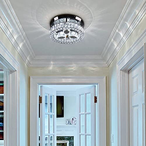 Finktonglan 11.6” Crystal LED Ceiling Light Flush Mount, Modern 30W Round Ceiling Lamp K9 Crystal Light Fixtures, Stainless Steel Leaf Crystal Chandelier for Dining Room Living Room (Cool White)