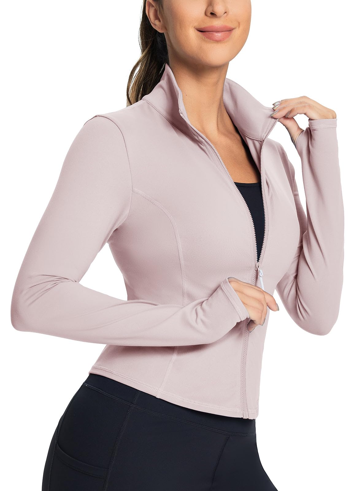BALEAF Women's Athletic Zip Up Jacket Cropped Workout Running Yoga Lightweight Long Sleeve Jackets with Thumb Holes Black S
