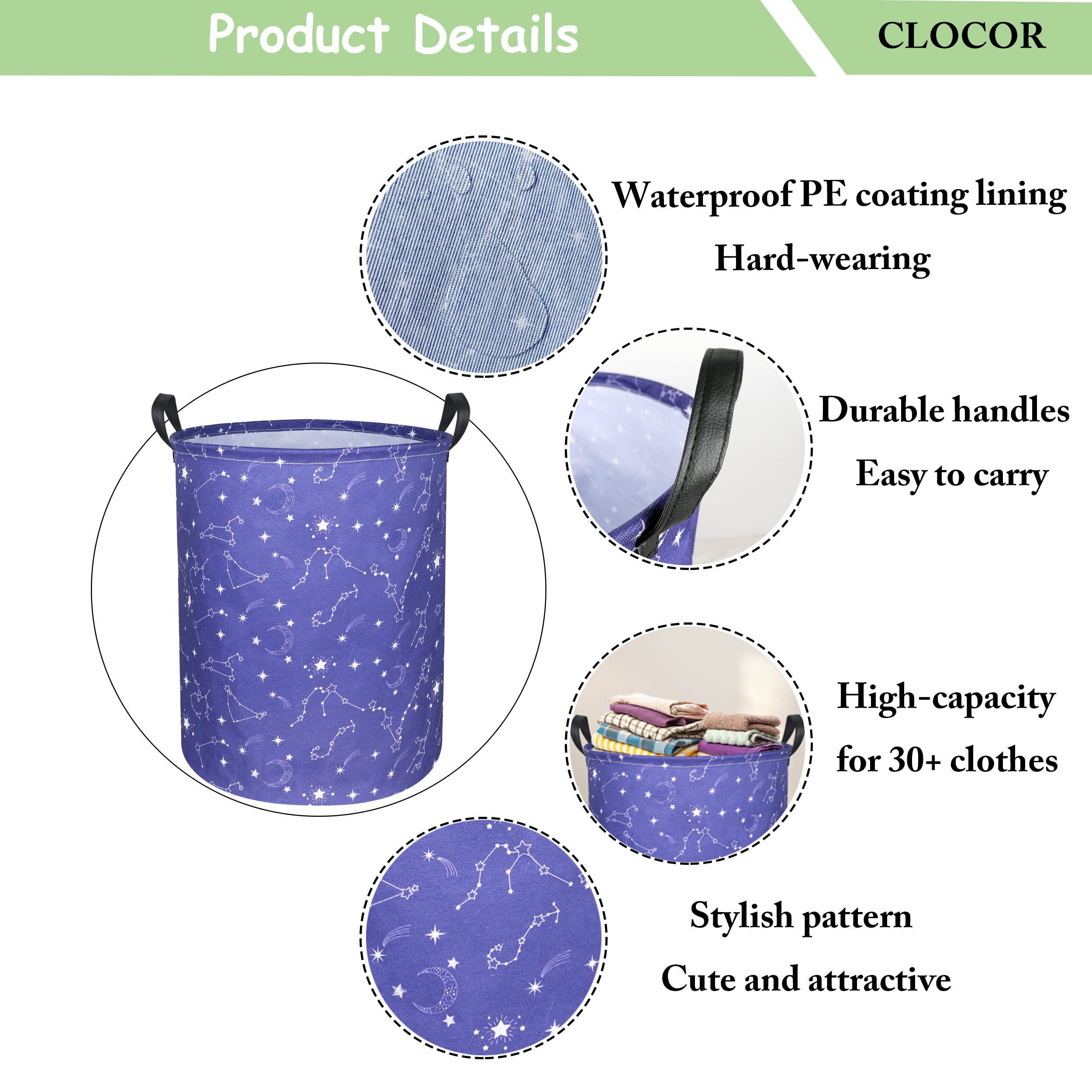 CLOCOR Large Blue Round Laundry Hamper,Kids Toy Storage Basket,Baby Dirty Clothes Nursery Hamper for Boys and Girls,Bedroom,Bathroom,Gift Basket(Starry Sky)