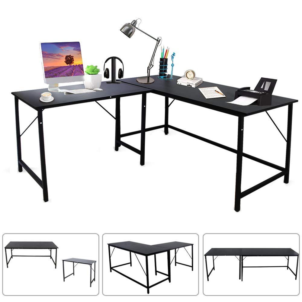 Bizzoelife L Shaped Corner Computer Desk - 59+59" Large Reversible Table for Space-Saving, Three Use Mode Adjustable Desks, Student Tables Writing Workstation for Home Office Gaming (Dark Black) …