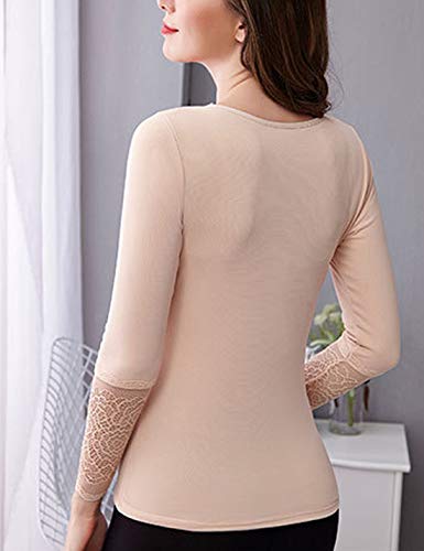 Flygo Womens Thermal Fleece Lined Cotton Underwear Lace Long Sleeve V-Neck Top (Large, 02 Nude)