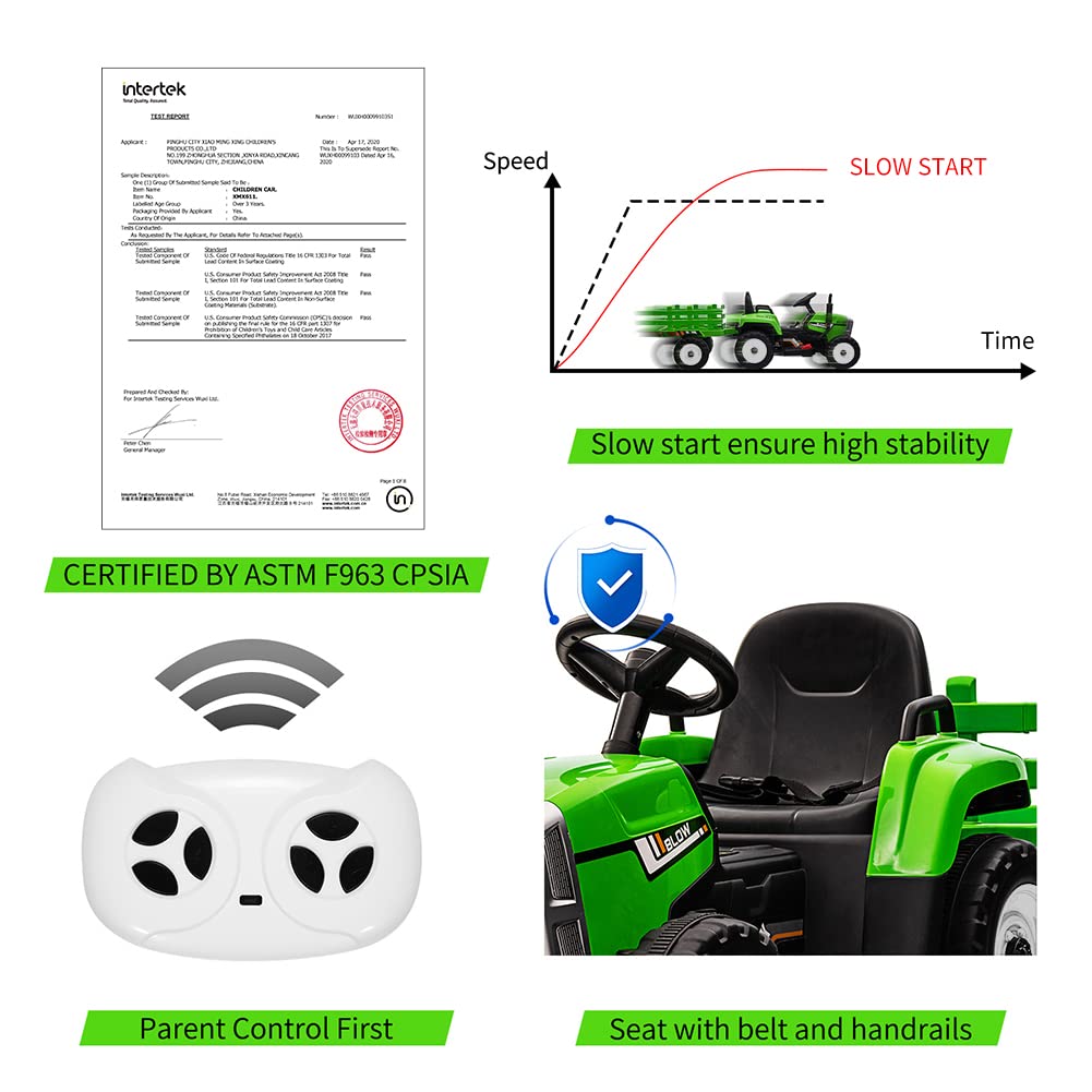 Nasitip 12V Battery Powered Electric Tractor with Trailer, Toddler Ride On Car w/Remote Control/7-LED Headlights/2+1 Gear Shift/MP3 Player/USB Port for Kids 3-6 Years (Green, 25W/Tread Tire)