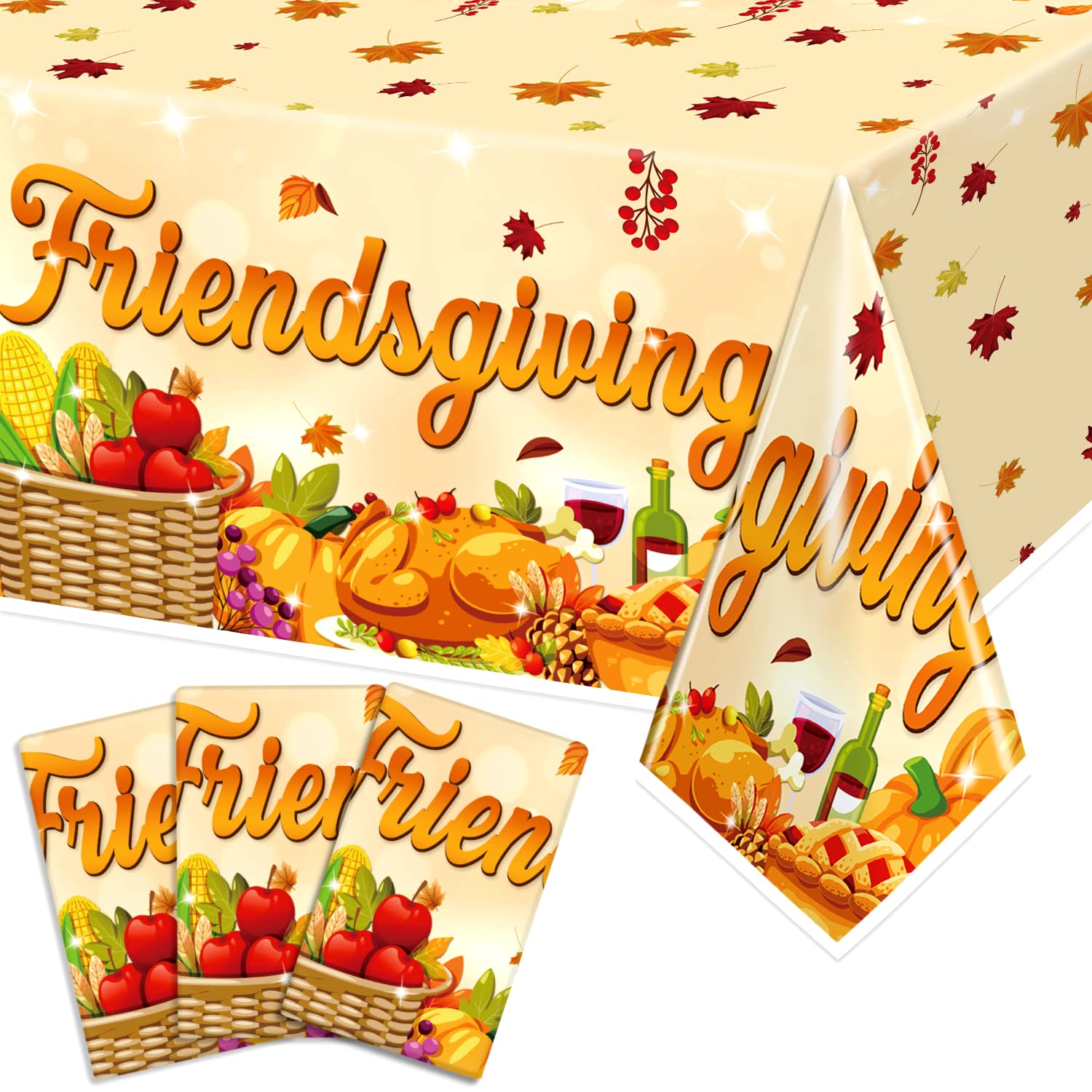 tineit 3 Pieces Friendsgiving Tablecloth, Happy Friendsgiving Decorations Plastic Tablecovers, Rectangle Friendsgiving Table Decorations for Fall Thanksgiving Friendsgiving Party, 108 * 54