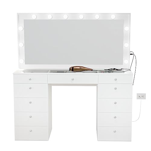 Boahaus Orla Modern Makeup Vanity Desk with Light Bulbs Built-in, USB Port and Power Outlet, 11 Drawers, Hollywood Vanity Mirror, Glam Glass Top Vanity, Crystal Ball Knobs, Big Vanity for Bedroom