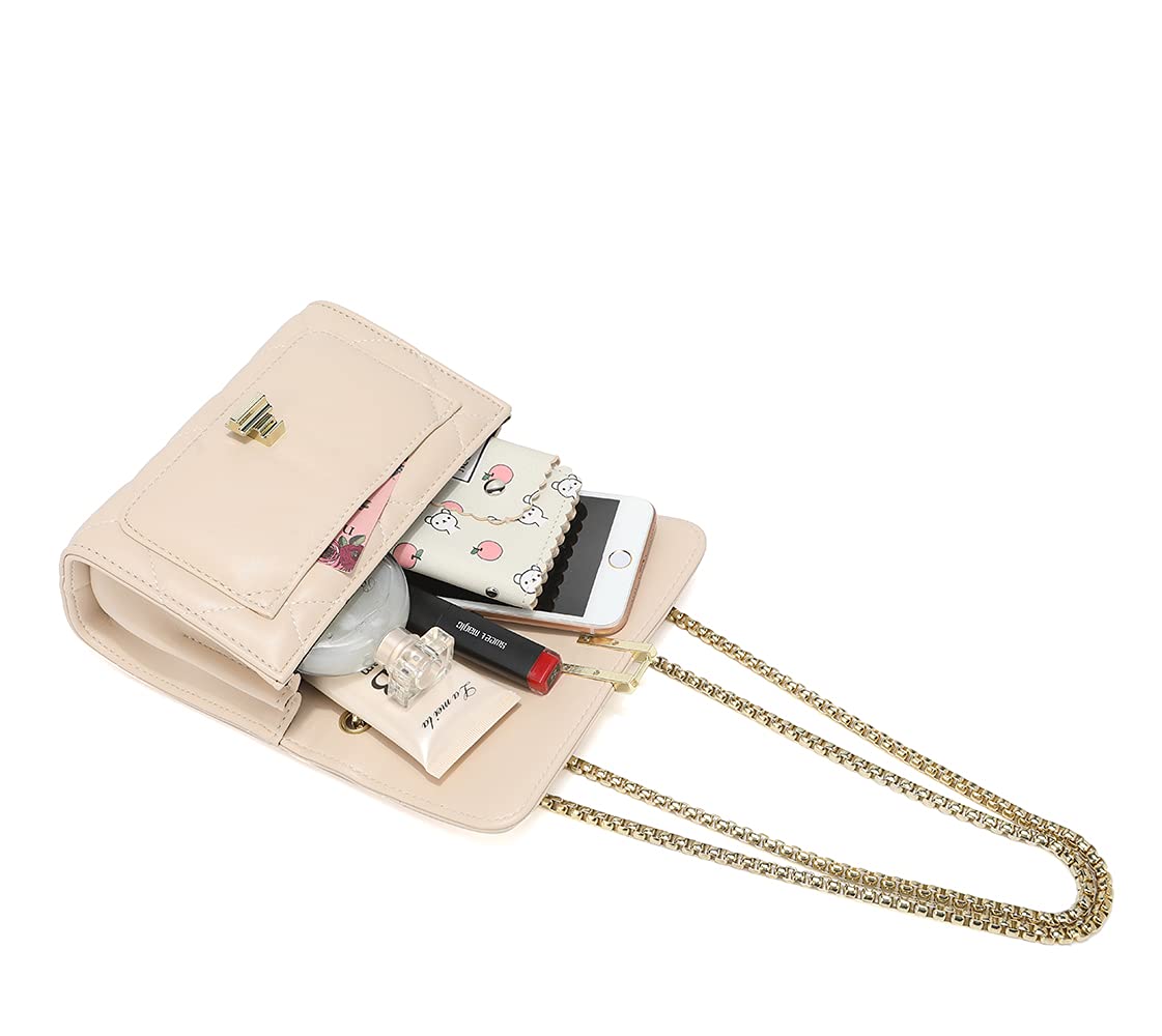 NW Crossbody Bags for Women Quilted Shoulder Purses and Handbags Lattice Texture with Chain Strap (Beige)