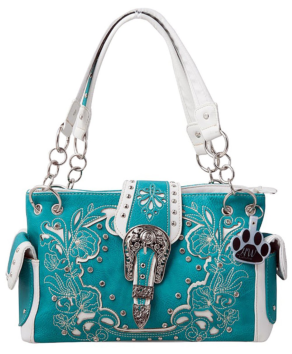 HW Collection Western Handbag Laser Cut Floral Buckle Women Shoulder Country Purse (Turquoise)
