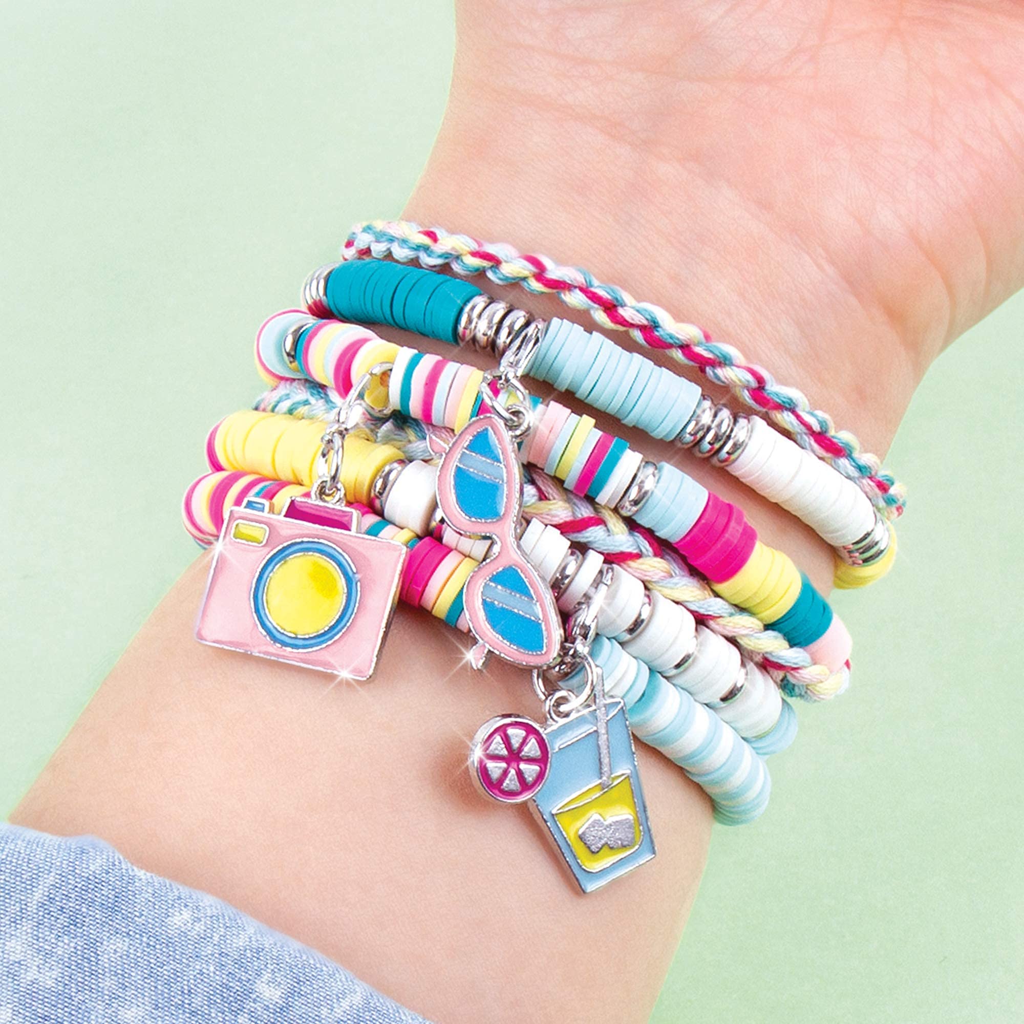 Make It Real - Summer Vibes Heishi Bead Bracelets - DIY Charm Bracelet Making Kit with Case - Friendship Bracelet Kit with Beads, Charms & Thread - Arts & Crafts Bead Kit for Girls - Makes 5 Bracelets