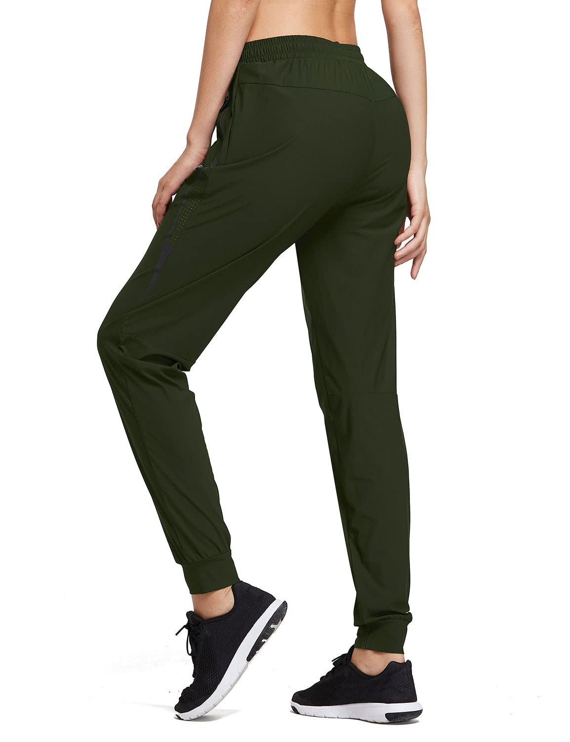 BALEAF Women's Lightweight Hiking Joggers Quick Dry Running UPF 50+ Pants Athletic Zipper Pockets Army Green L