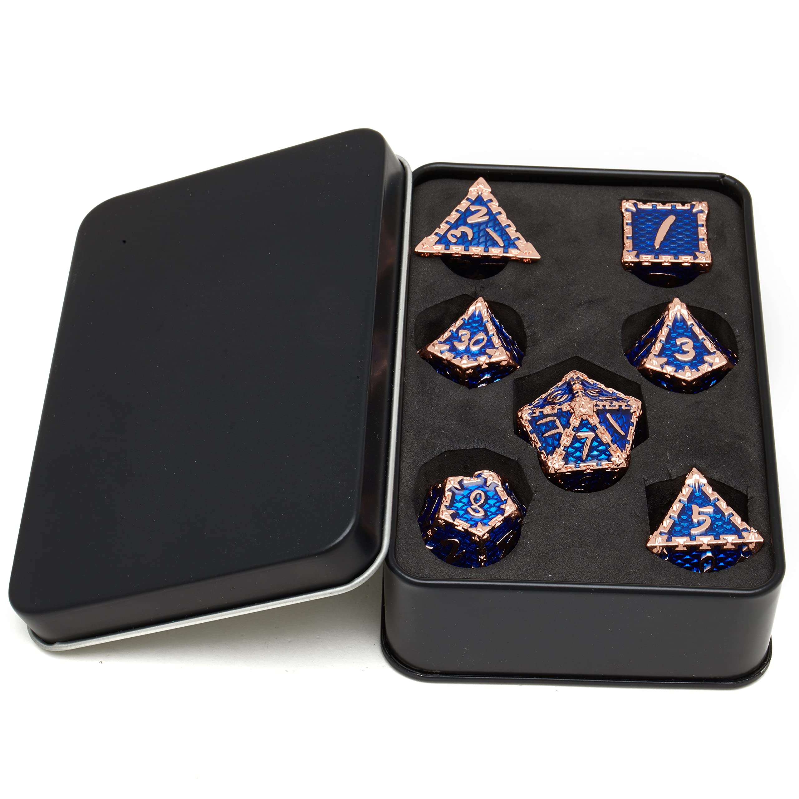Ouyide Metal dice, DND dice Set, Dragon Skin Scale Iron Chain, Suitable for Role-Playing Dungeons and Dragons dice Set Game(Rose Gold Rim + Blue)