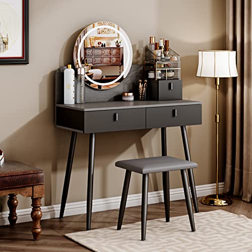 DOLILO 35" Makeup Vanity Desk with Mirror and Lights and Table Set with Vanity Stool 3 Sliding Drawers 3 Modes Brightness Adjustable, (Iron Grey)