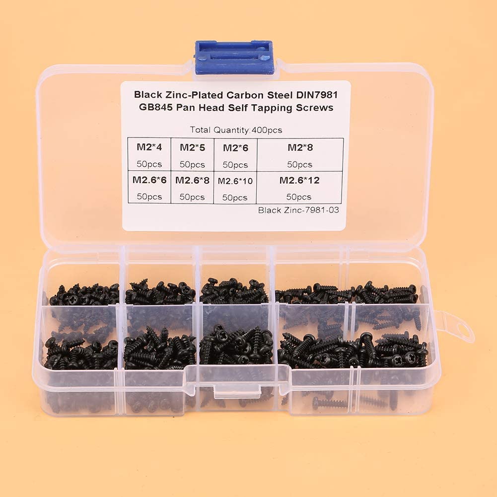 Black Self Tapping Screws,400Pcs Stainless Steel/Micro/Tiny/Mini Self-Tapping Screws, M2/M2.6 Phillips Pan Head Screws Kit for Laptop Computer Repair,Cross Recessed Wood Screws.
