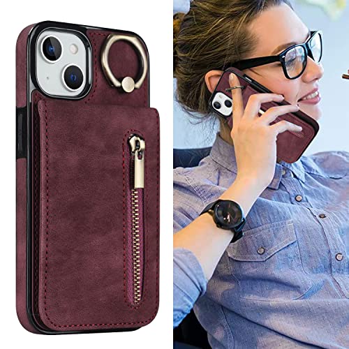 Nunwiza for iPhone 14 Case/iPhone 13 Case Wallet with Card Holder, Leather Protective Case Purse with Ring Holder for Apple iPhone 14 6.1 inch Wine Red