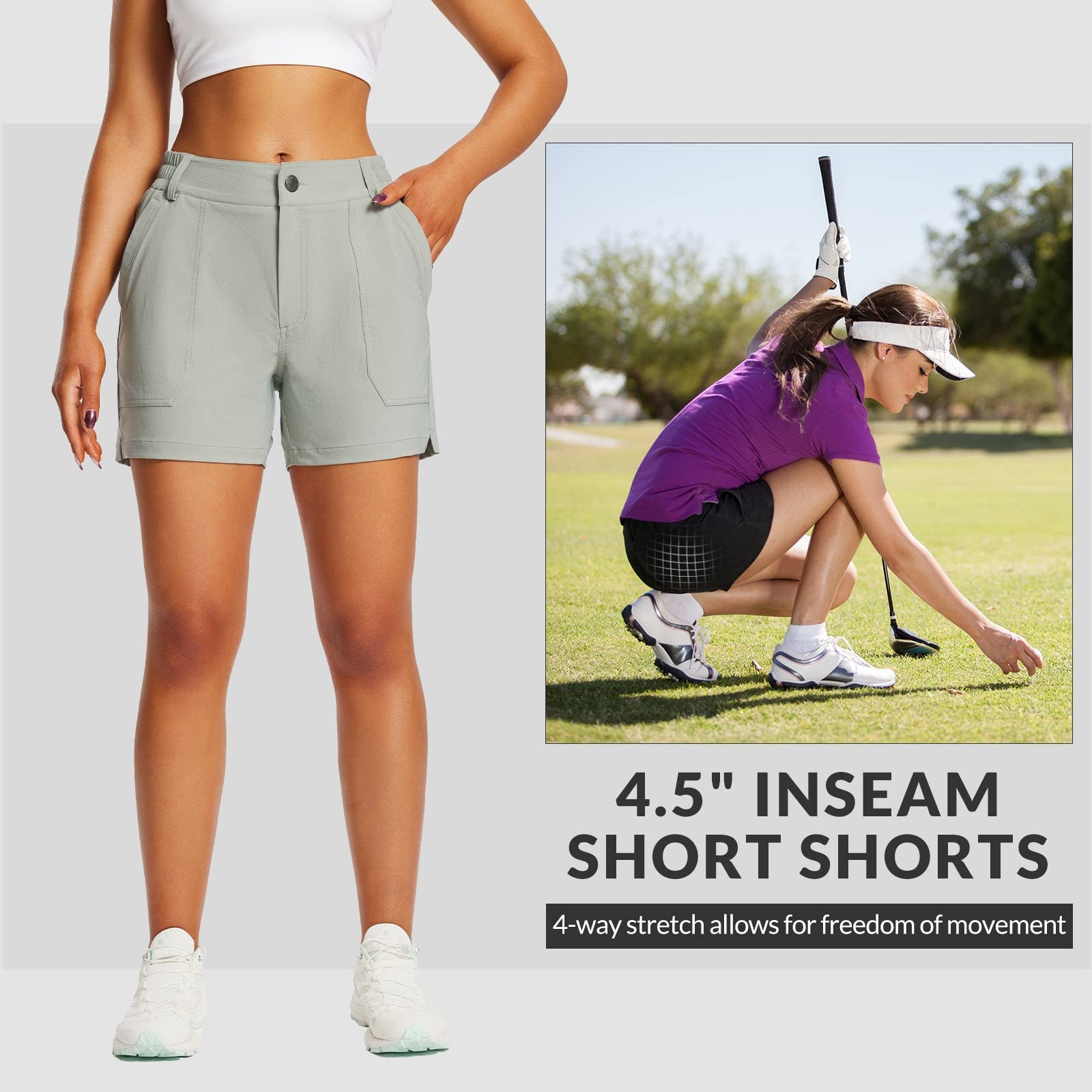BALEAF Women's 4.5" Golf Shorts Stretch Quick Dry Outdoor Causal Summer Shorts with Zipper Pockets UPF 50+ Water Resistant Light Grey L