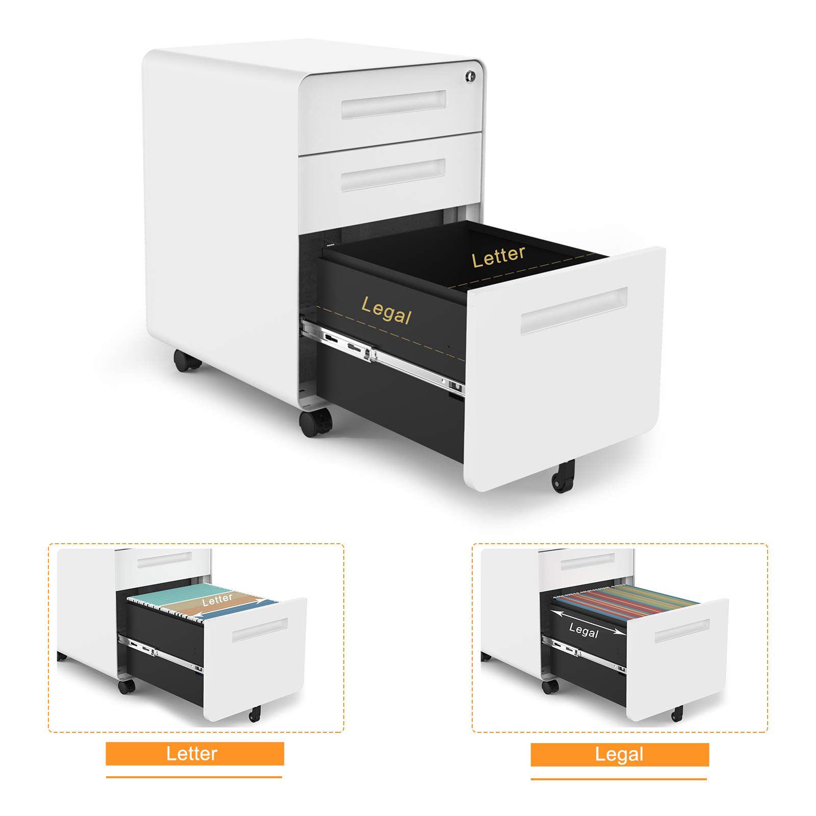 Bonnlo 23.8" H 3 Drawer Rolling File Cabinet with Lock, Mobile File Cabinet Under Desk with Pencil Tray, White Locking File Cabinet for Home Office, Metal Filing Cabinet Printer Stand Fully Assembled