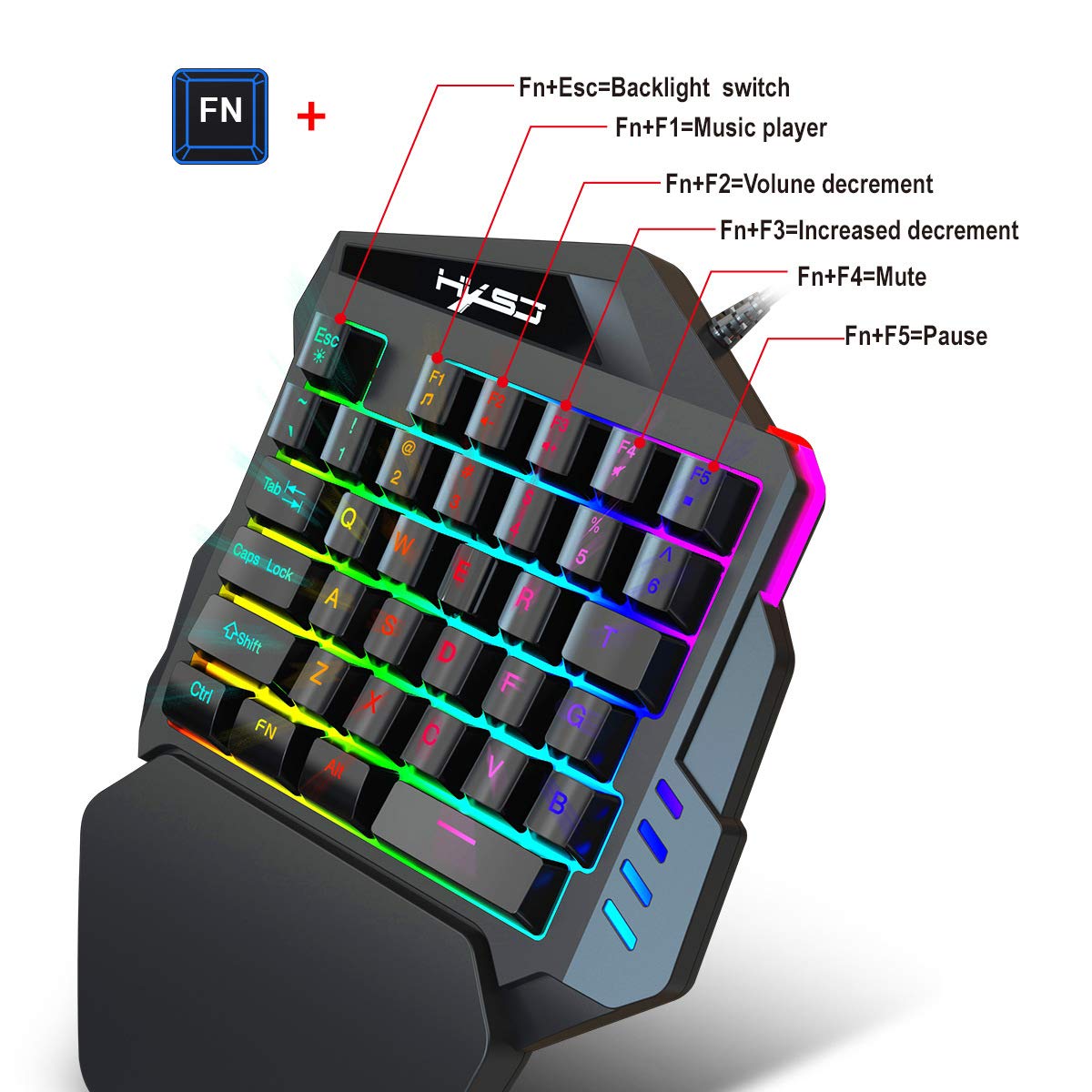 HXSJ V100 one-Handed Colorful Backlit Keyboard one Hand Mechanical Gaming Keyboard Mini Portable Wired Game Keyboard