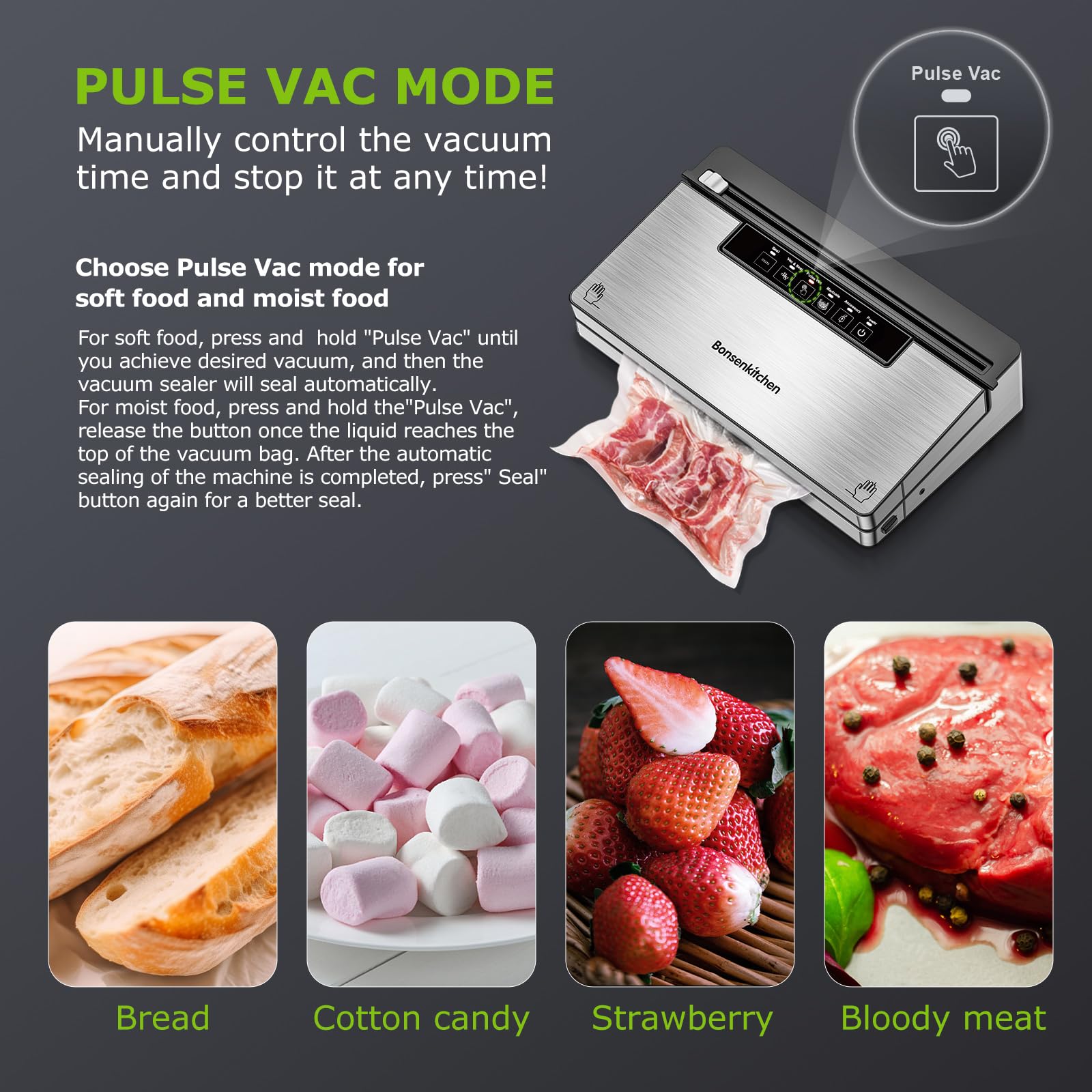 Bonsenkitchen Vacuum Sealer Machine, Powerful Food Sealer with 5 Modes, Built-in Cutter & Bag Storage,Globefish Technology for High-Speed Continuous Working, Include 1 Bag Roll, Stainless Steel