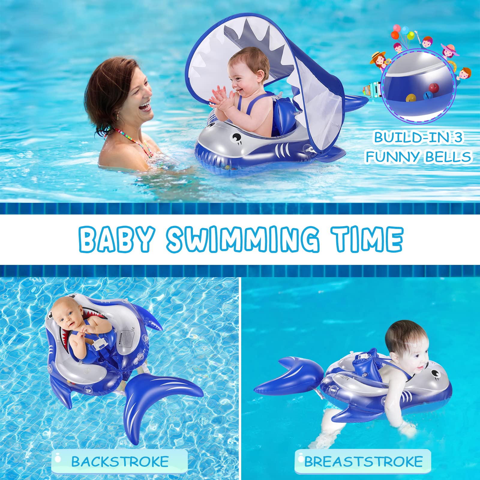 Baby Pool Float, Infant Swimming Float with Sun Protection Canopy Inflatable Floaties for Toddlers Shark Baby Swim Floats Ring for Pool Bath Toys for Newborn 3-36 Months