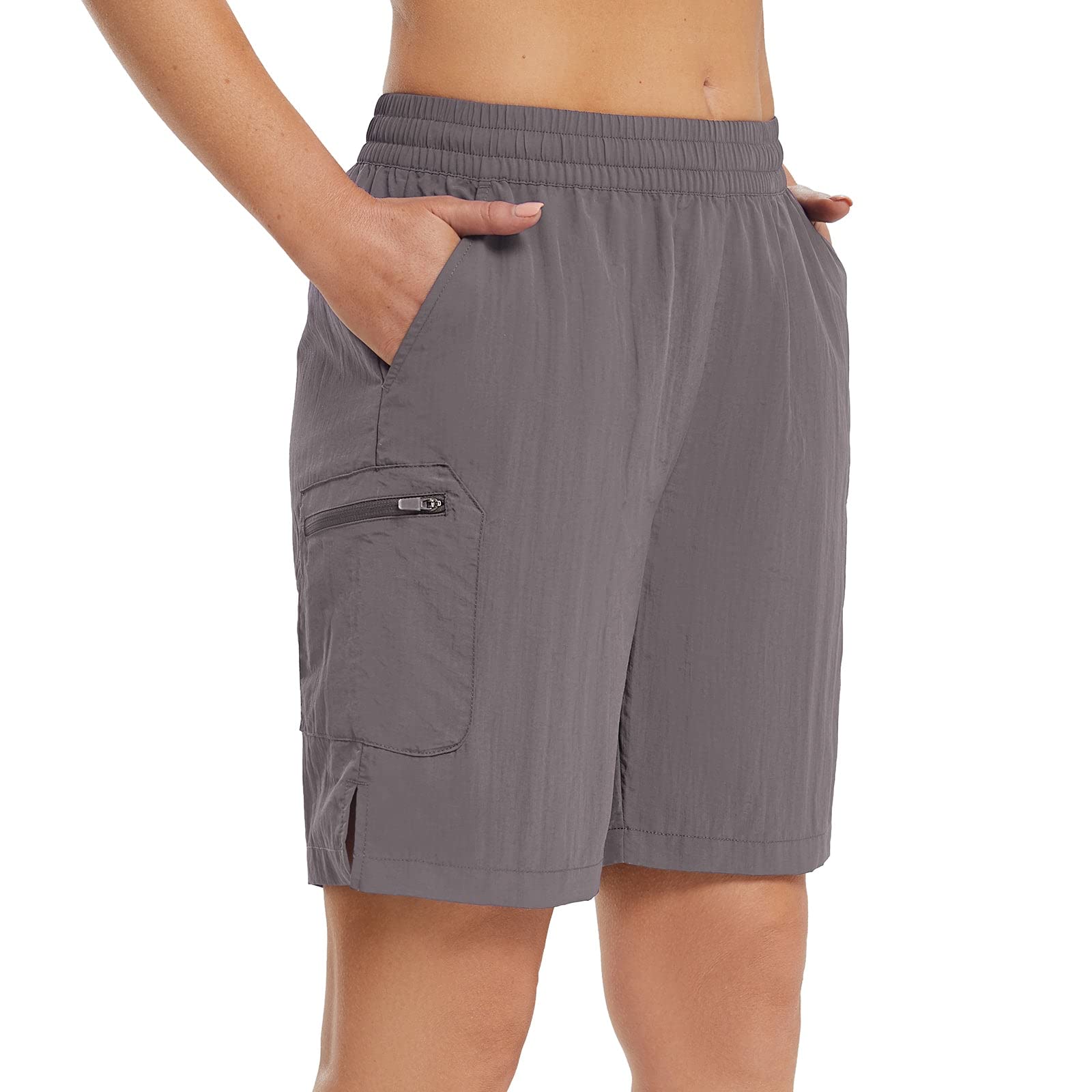 BALEAF Womens 7" Hiking Shorts with Zipper Pockets Summer Quick Dry Nylon Lightweight Baggy Shorts for Thick Thighs Black L