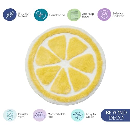 Beyond Deco Lemon Kitchen Decor Rug 35” inches, Hand Tufted Trendy Aesthetic Decorative Soft Area Rugs - Non Slip Hypebeast Machine Washable Anime Kawaii Bathroom Rug, Fruit Bath Mat